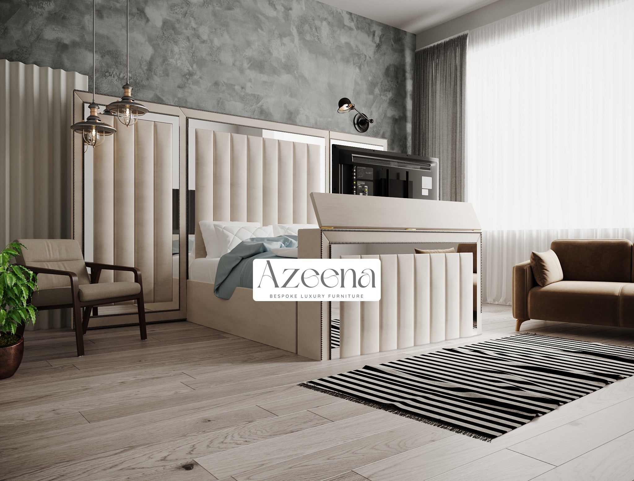 Keiran Extended Wide Headboard Stripes Lines Panel Mirror TV Bed With ...